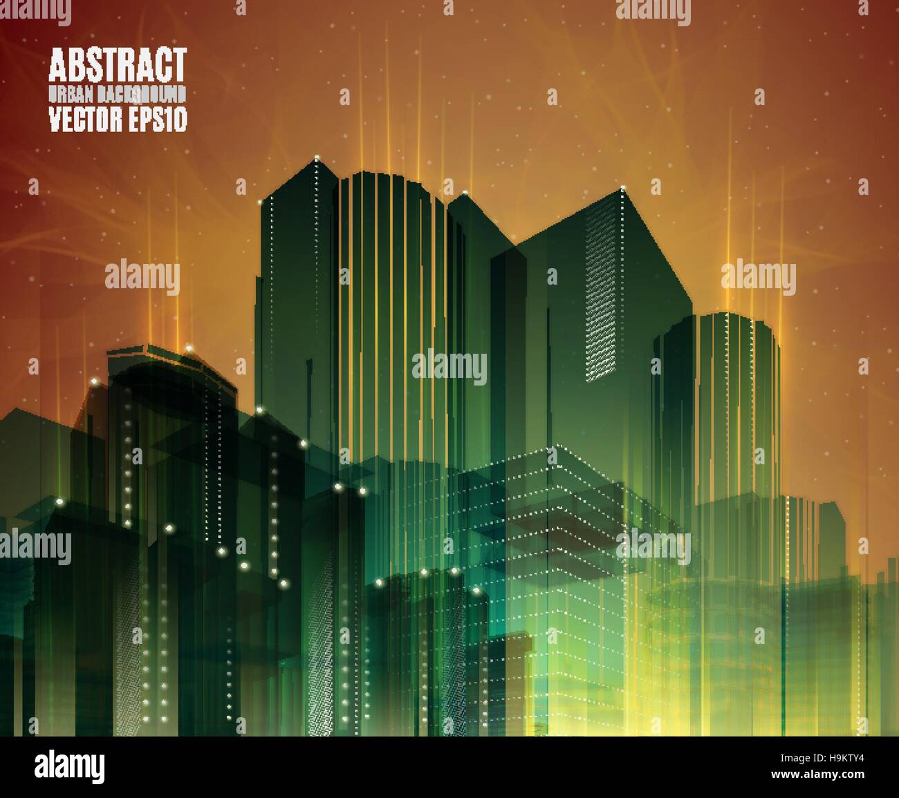 Orange and Green city skyline at night. Graphical urban abstract ...