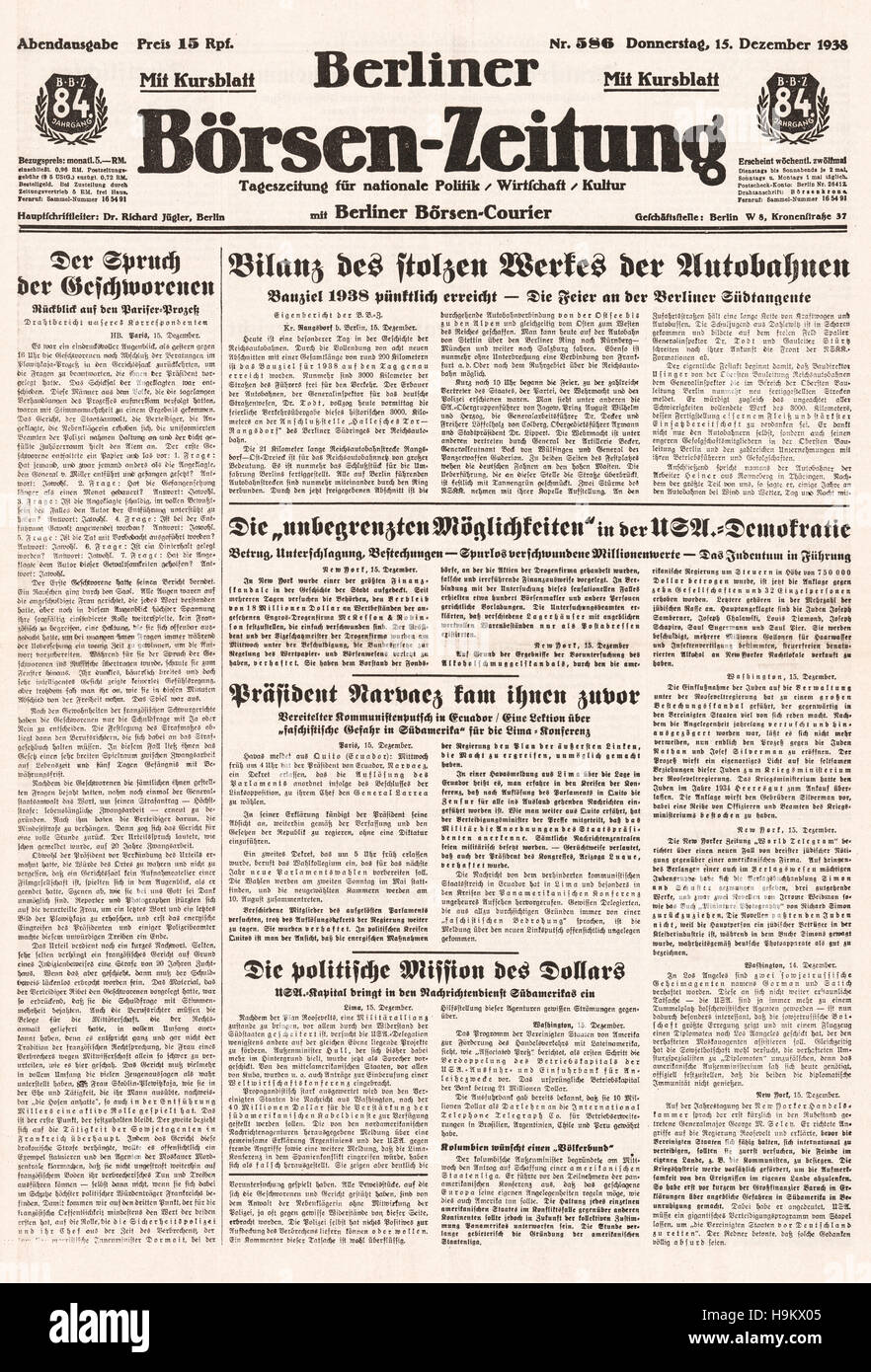 1938 Berliner Börsen Zeitung (Germany) front page Germany autobahn ...