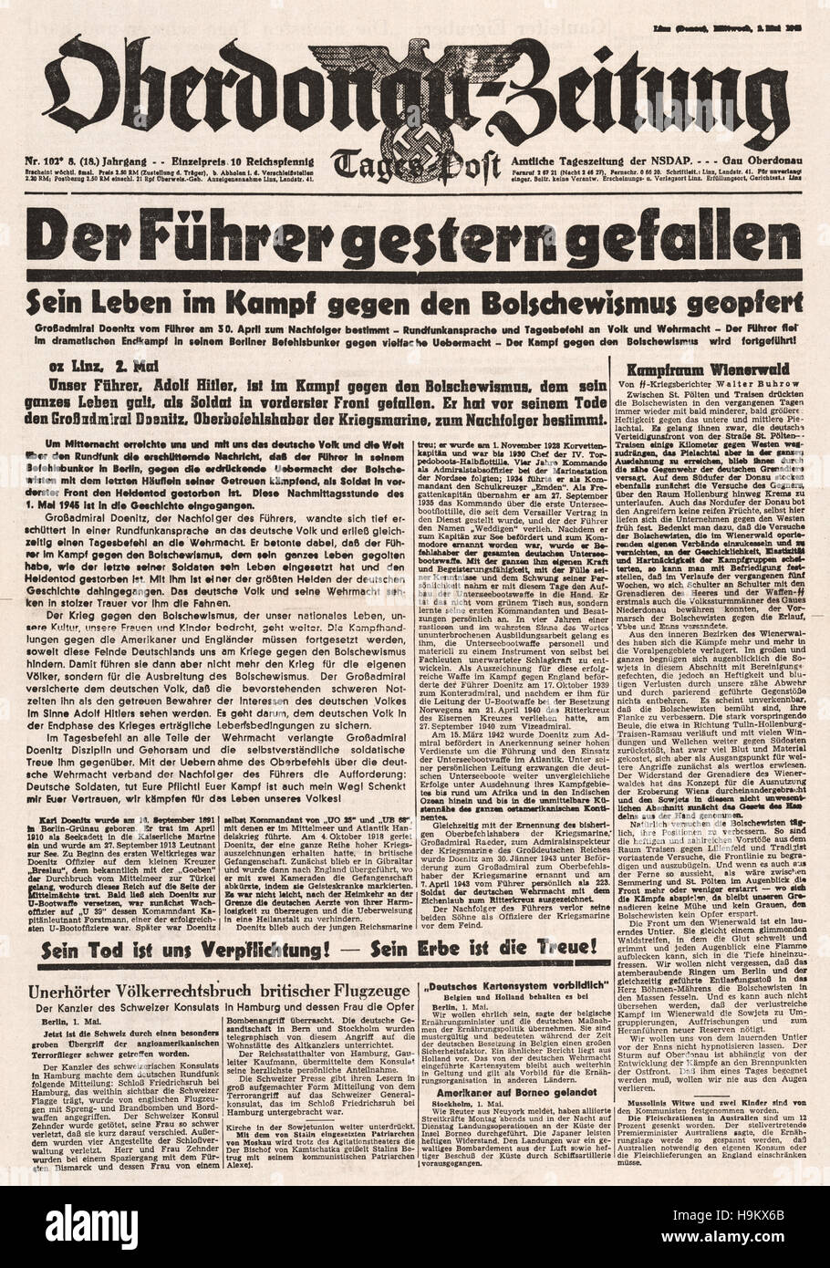 1945 Oberdonau Zeitung (Germany) front page Death of Adolf Hitler Stock ...