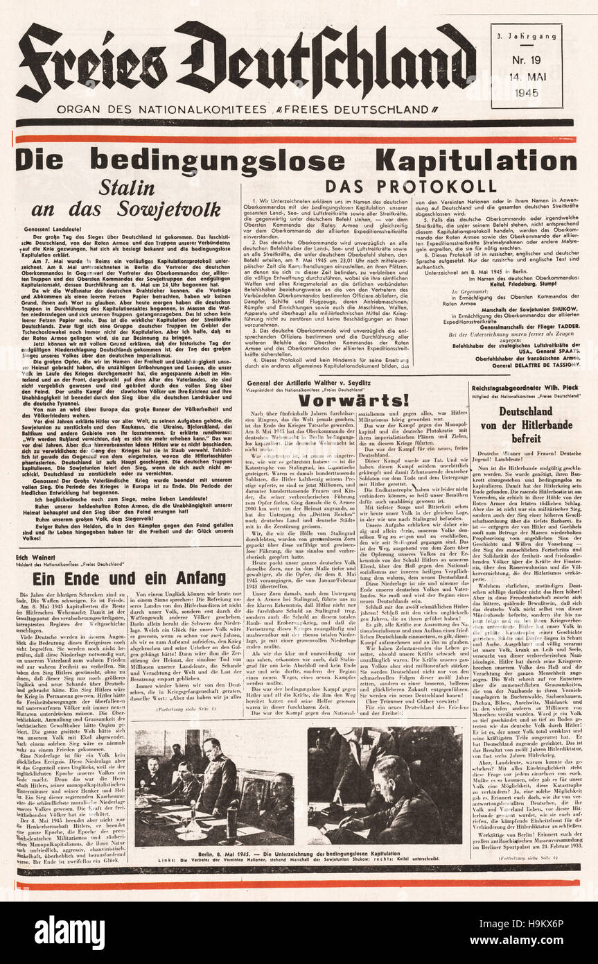 1945 Freies Deutschland (Germany) front page Unconditional surrender ...