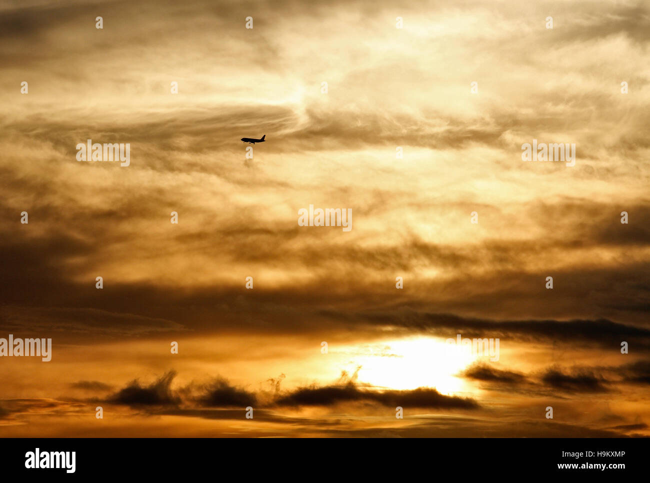 Plane flying over the clouds in a golden sunset Stock Photo - Alamy