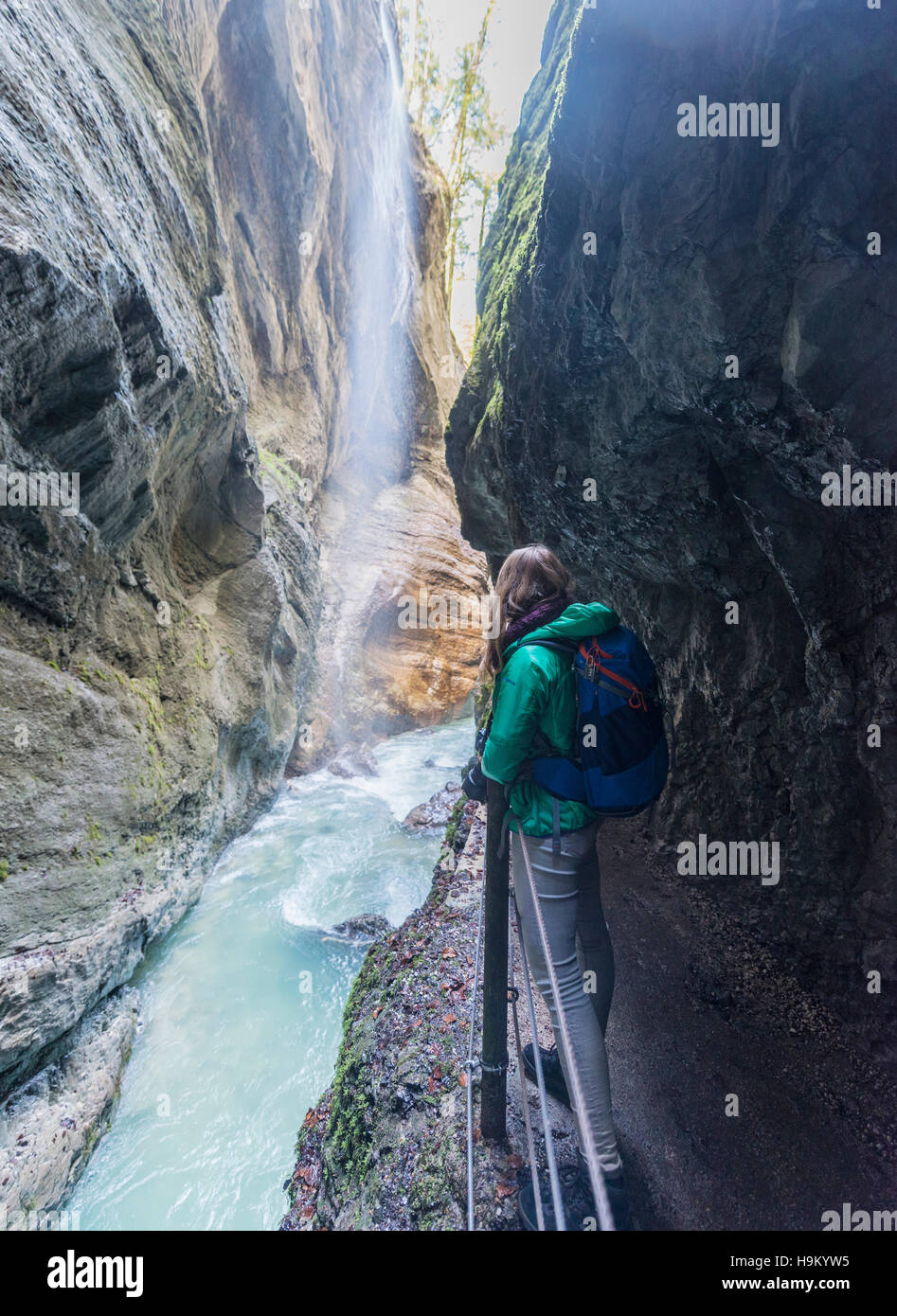 Hiker in gorge, Partnachklamm, Partnach River, Garmisch-Partenkirchen ...