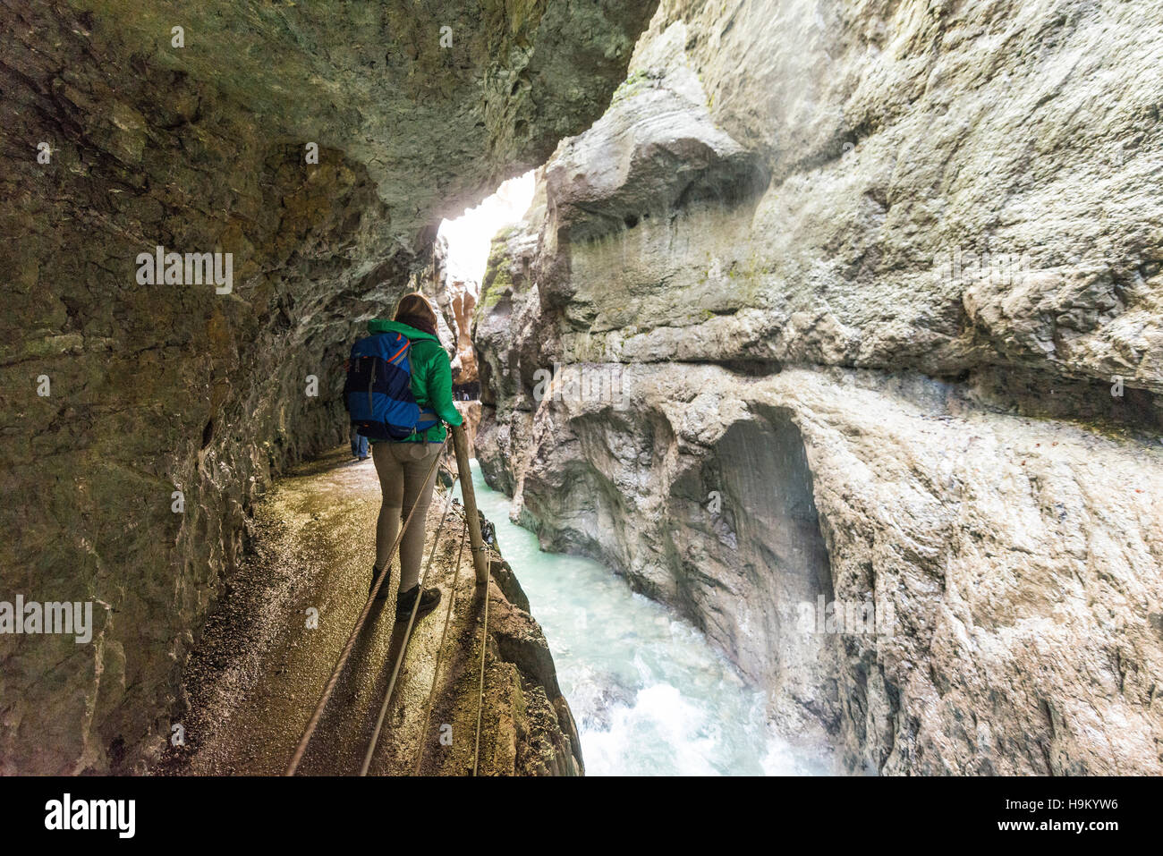 Hiker in gorge, Partnachklamm, Partnach River, Garmisch-Partenkirchen ...