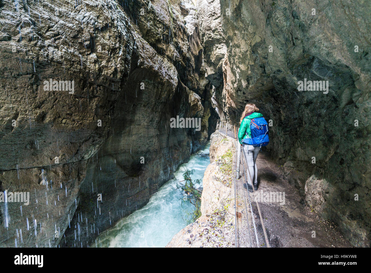 Hiker in gorge, Partnachklamm, Partnach River, Garmisch-Partenkirchen ...