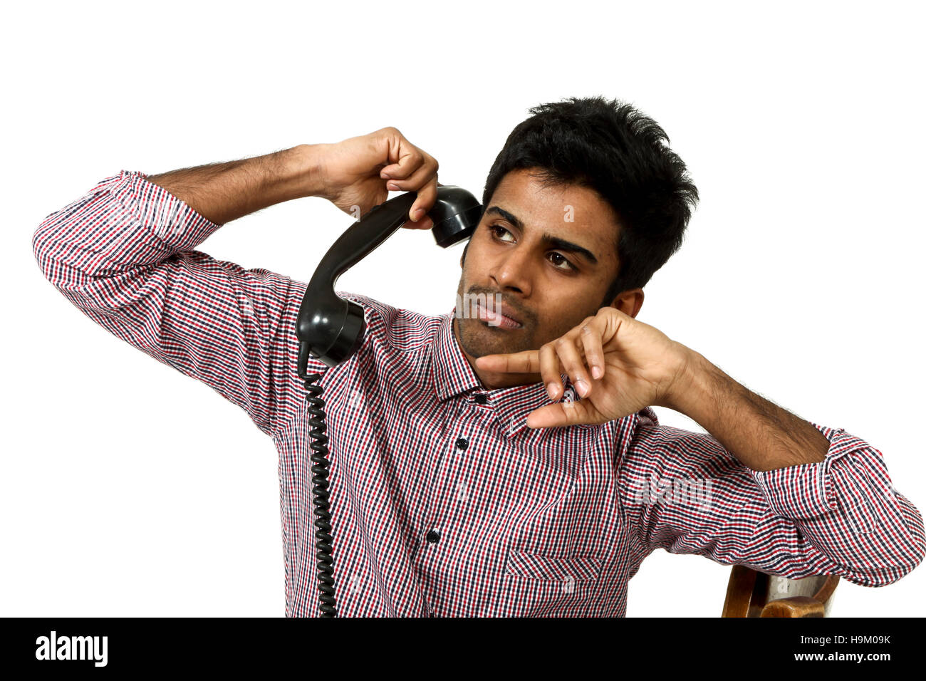 young man with a vintage telephone , portrait on white background Stock ...