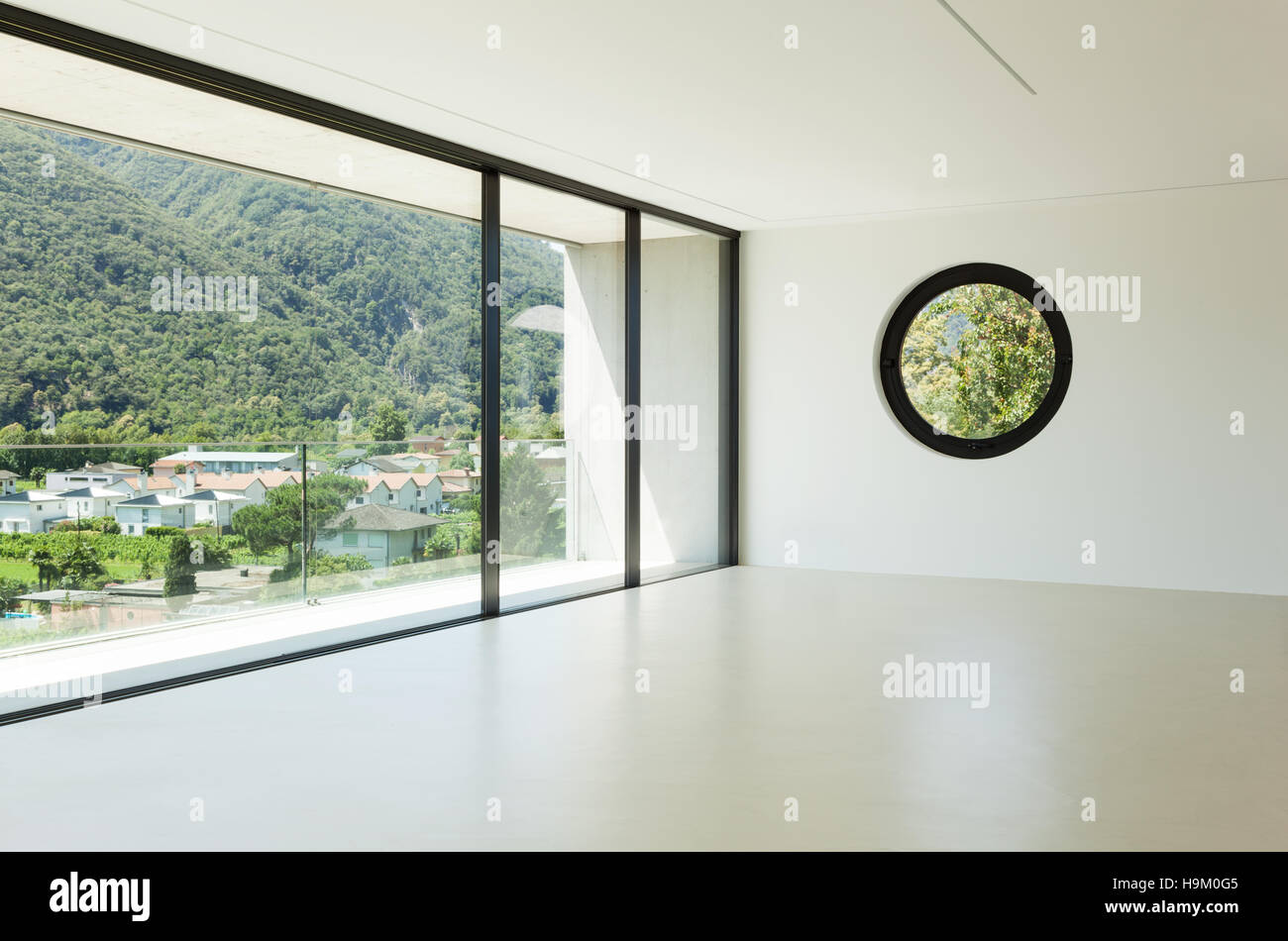 House, interior, modern architecture, wide room, view from window Stock ...