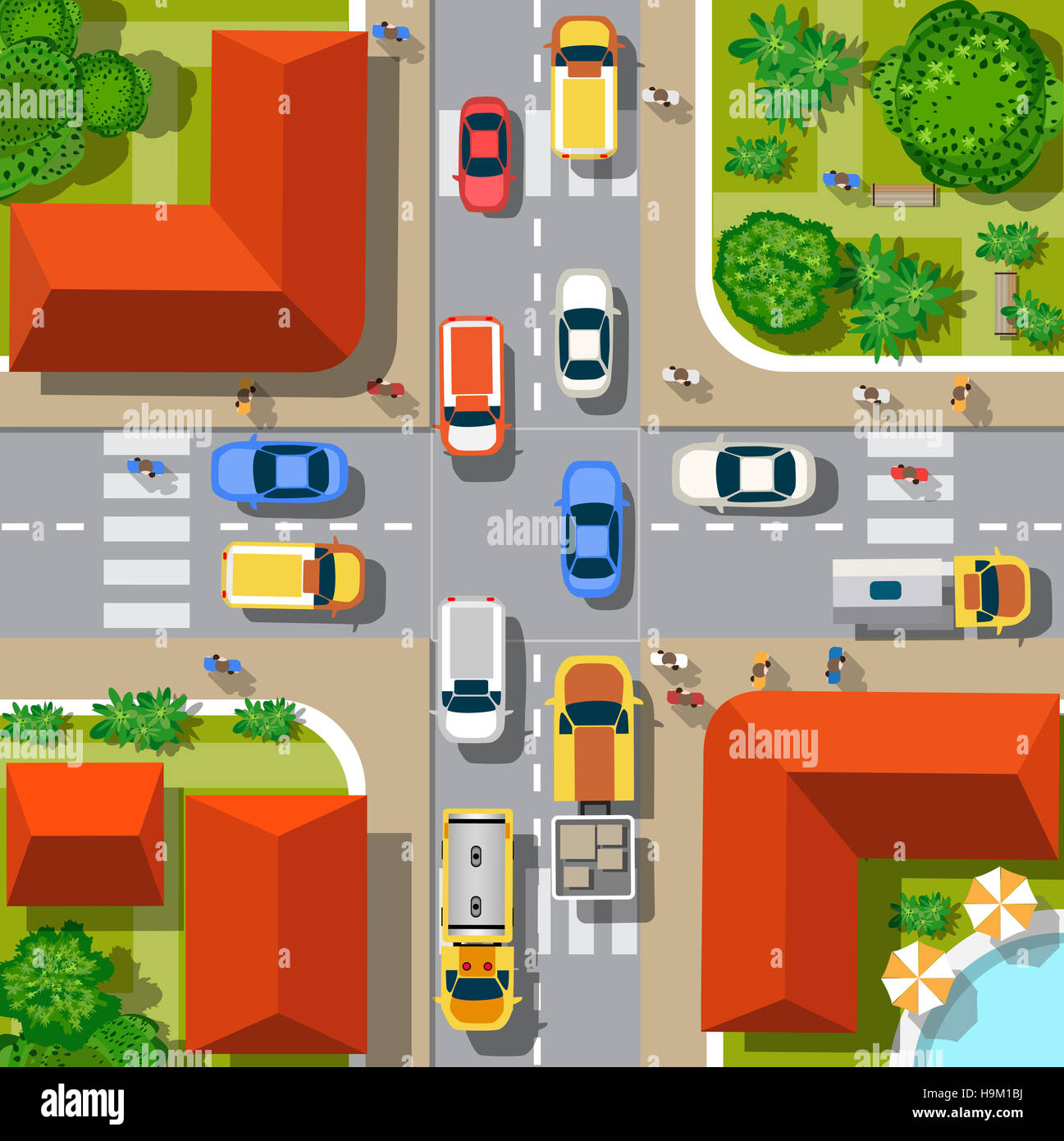 Top view of the city. Urban crossroads with cars and houses ...