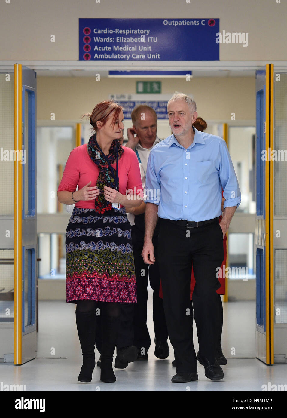 Labour party leader Jeremy Corbyn talks to Kath Kelly (left), chief ...