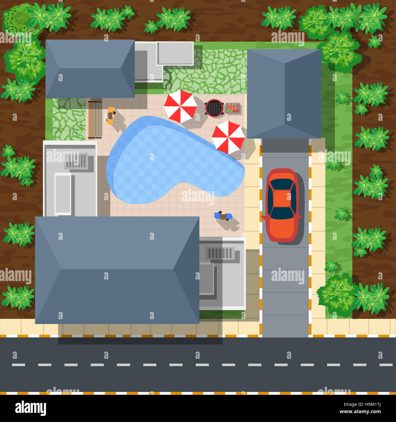 Top view of houses and streets with trees. village and park view from ...