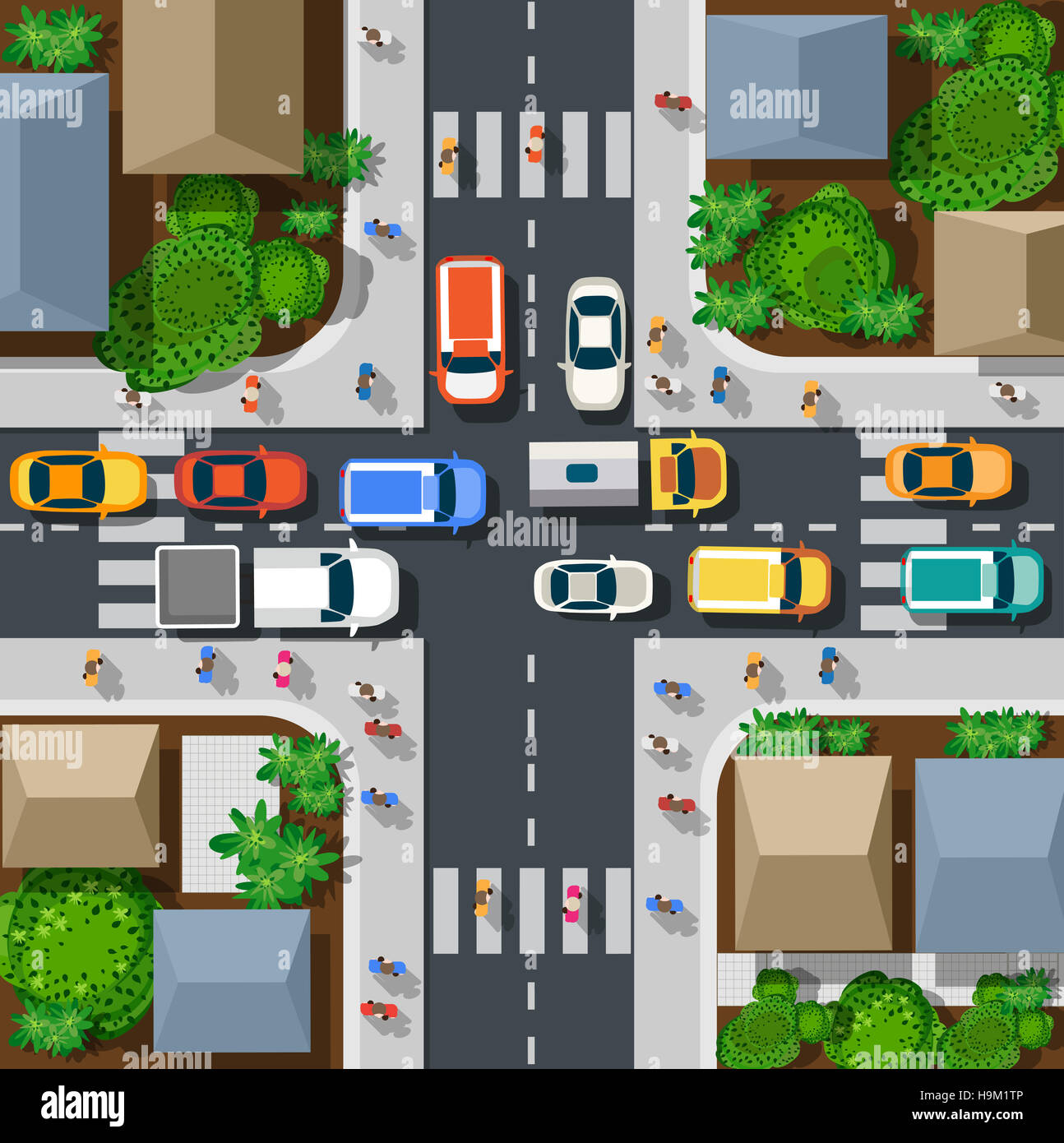 Top view of the city. Top view of urban crossroads with cars and houses ...