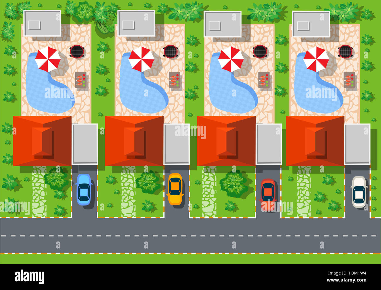 Top view of houses and streets with trees. village and park view from ...