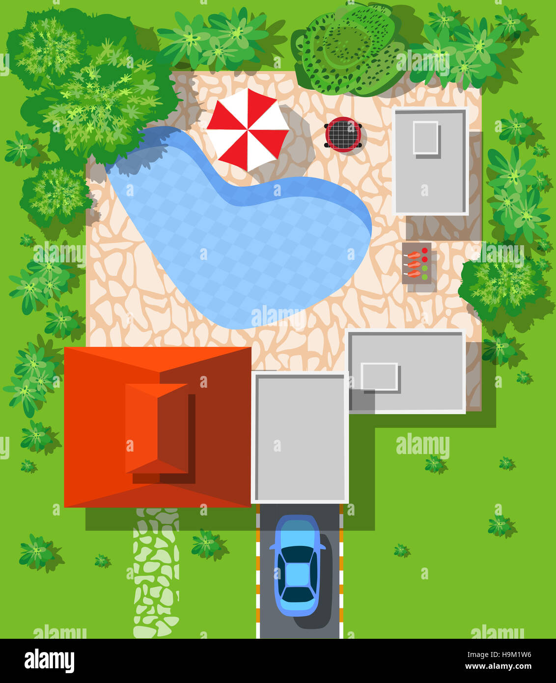 Top view of houses and streets with trees. village and park view from ...