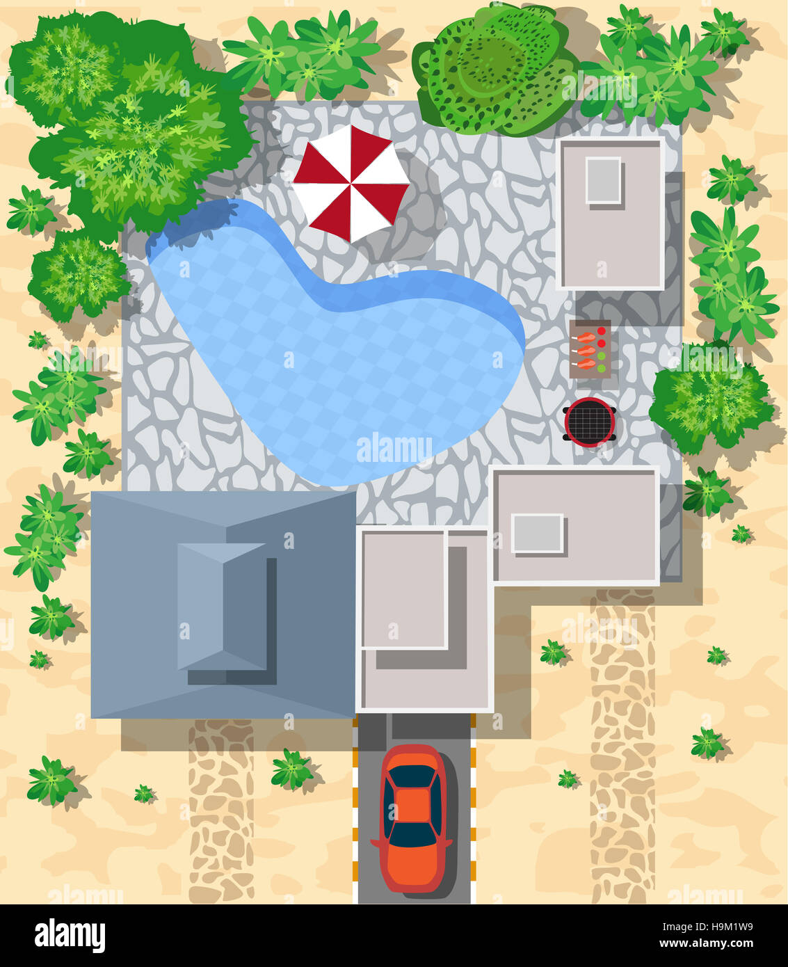 Top view of houses and streets with trees. village and park view from ...