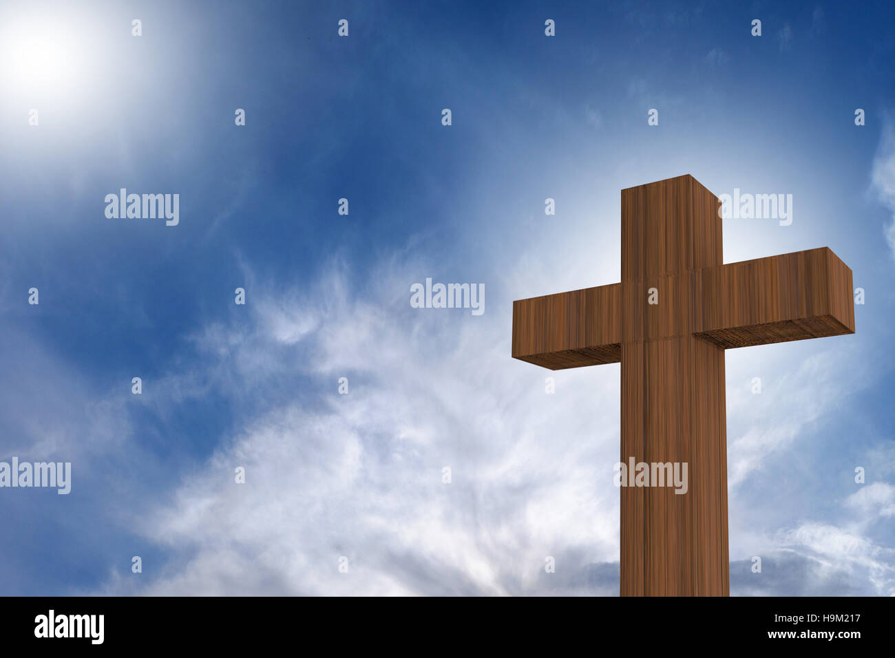 3D rendering of wooden cross on a blue sky with sunlight, god/love ...