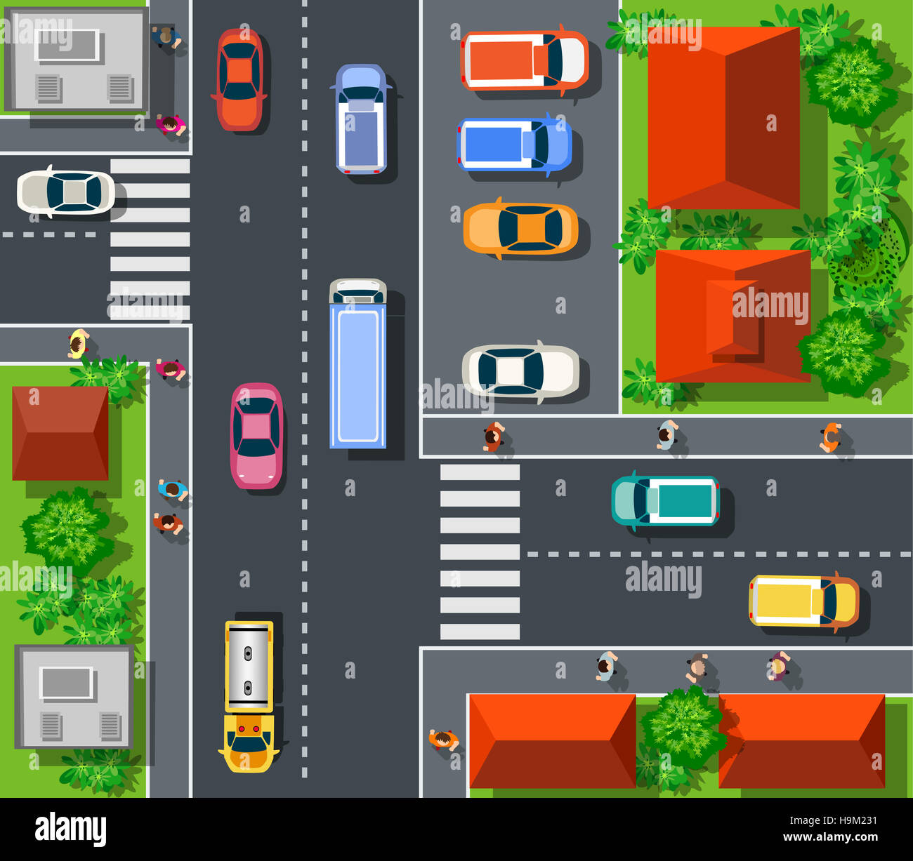 Top view of the city. Top view of urban crossroads with cars and houses ...