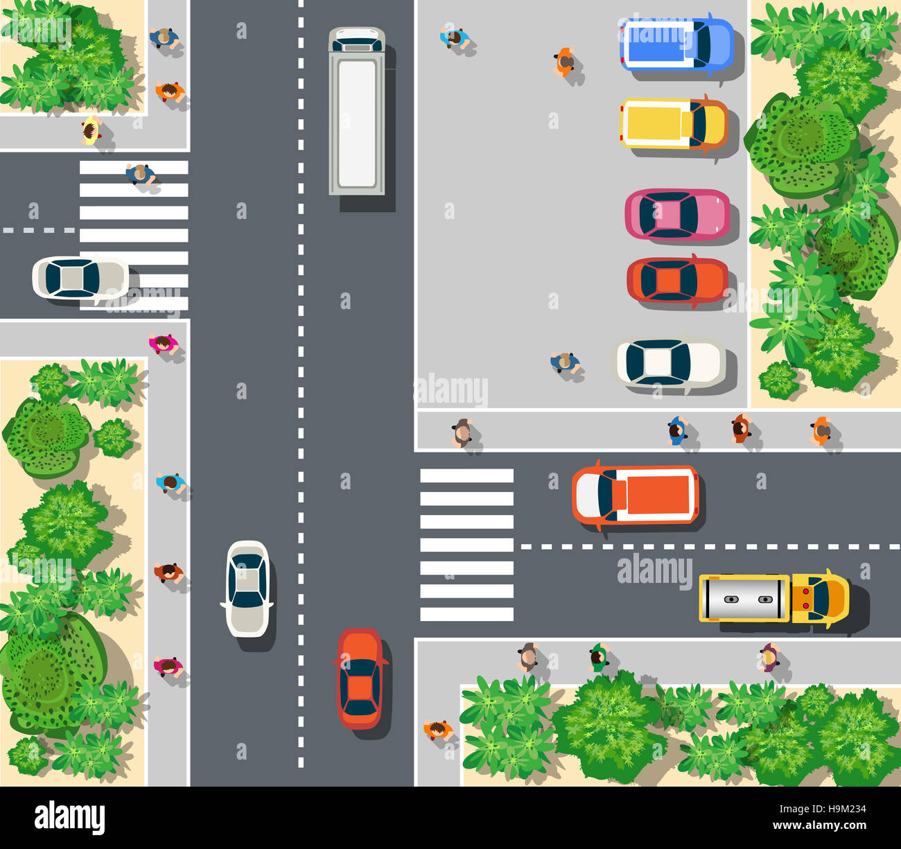 Top view of the city. Top view of urban crossroads with cars and houses ...