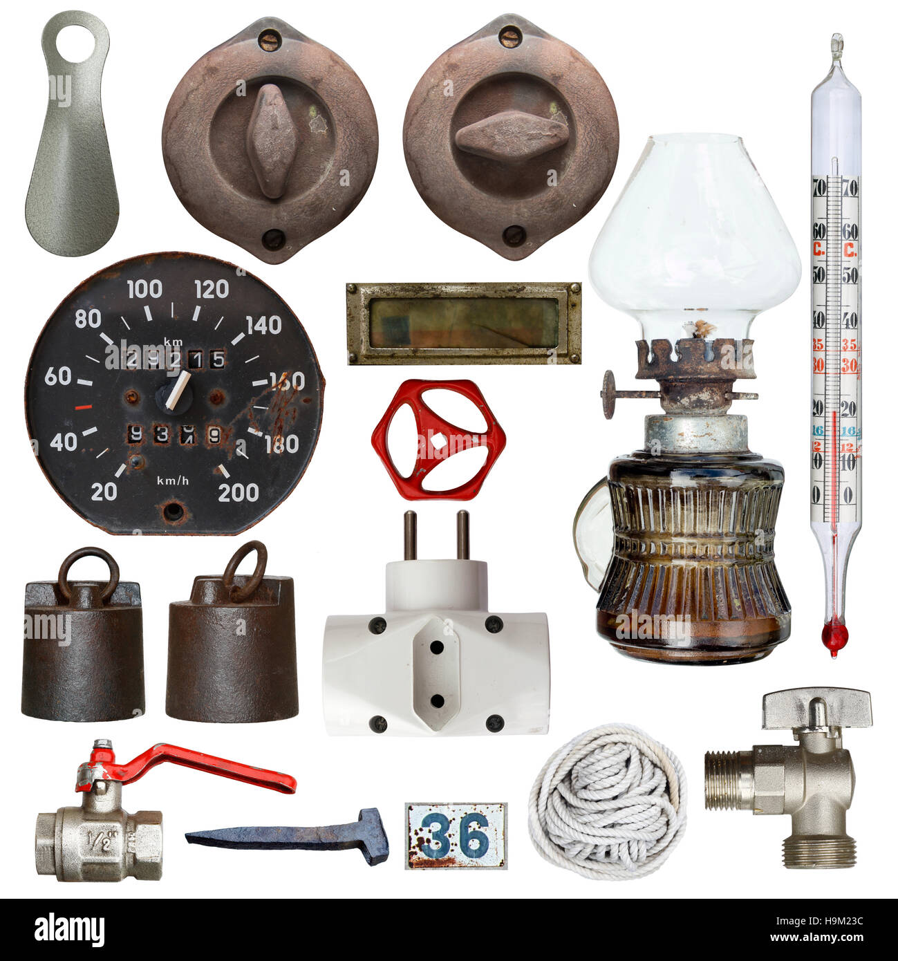 Various objects and tools on white background Stock Photo - Alamy