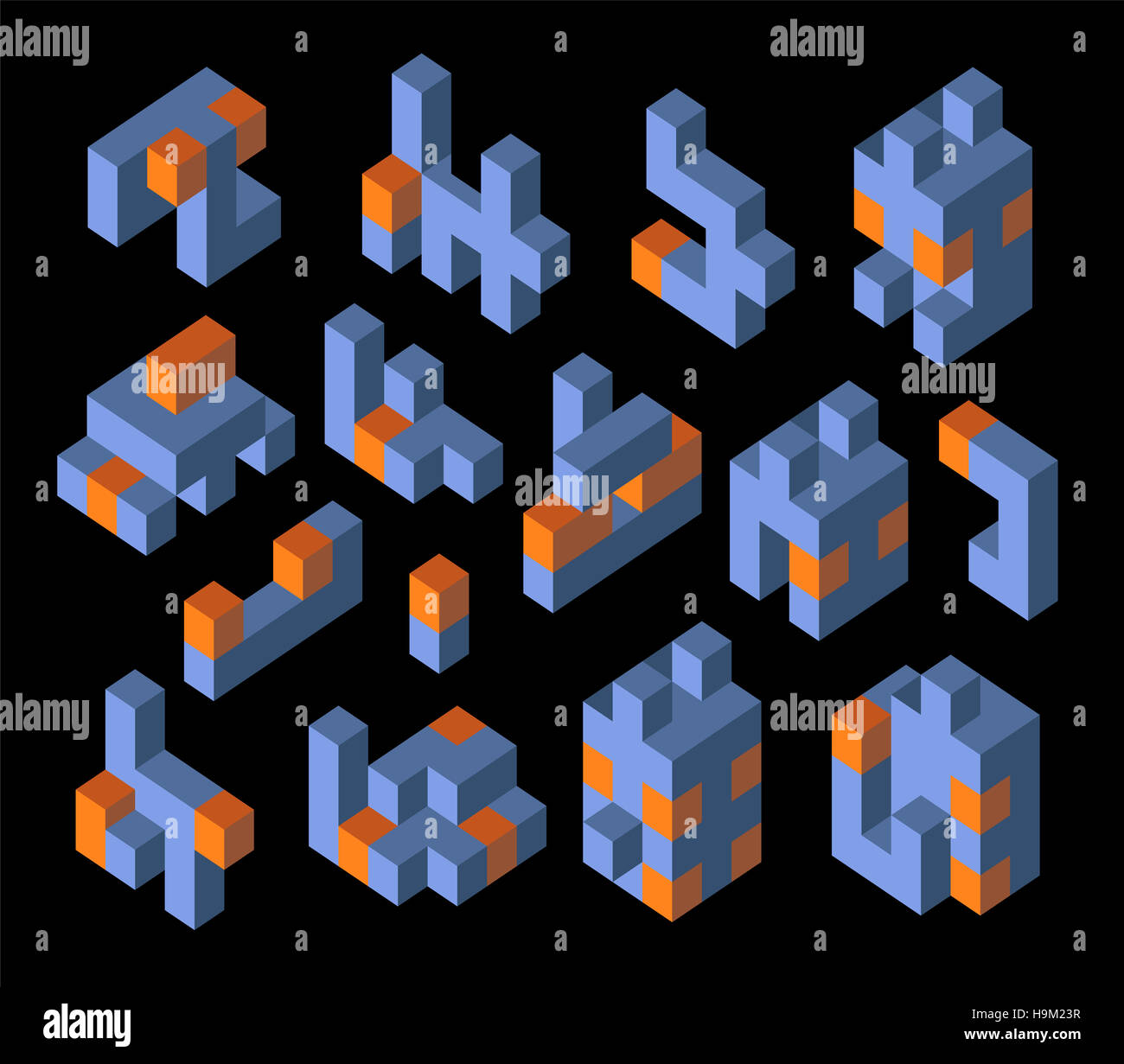 Isometric abstract geometric design elements with colored parts on a ...
