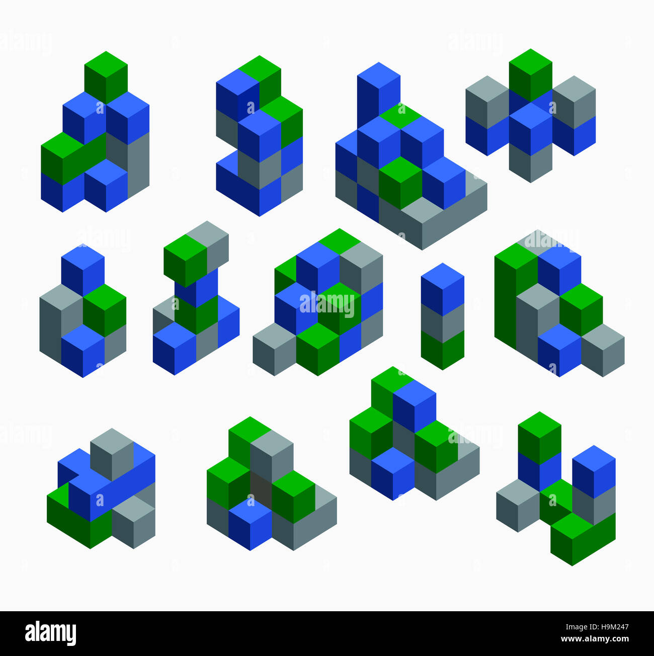 Isometric abstract geometric design elements with colored parts on a ...