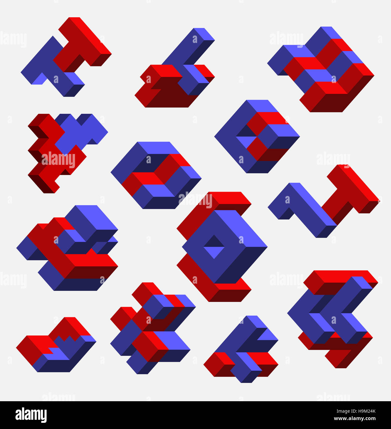 Isometric abstract geometric design elements with colored parts on a ...