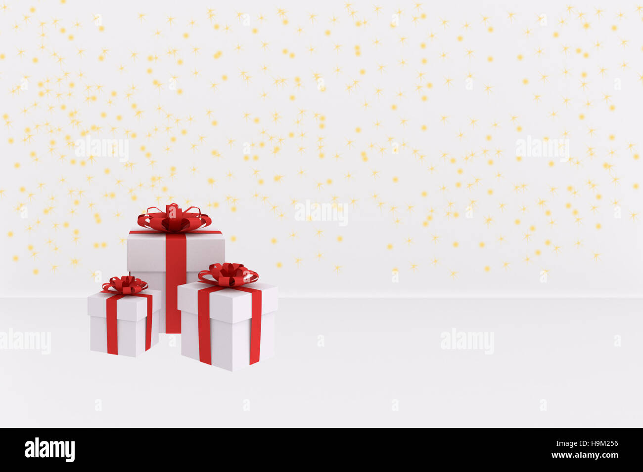 3D rendering of white gift boxes on white with magic sparkles Stock ...