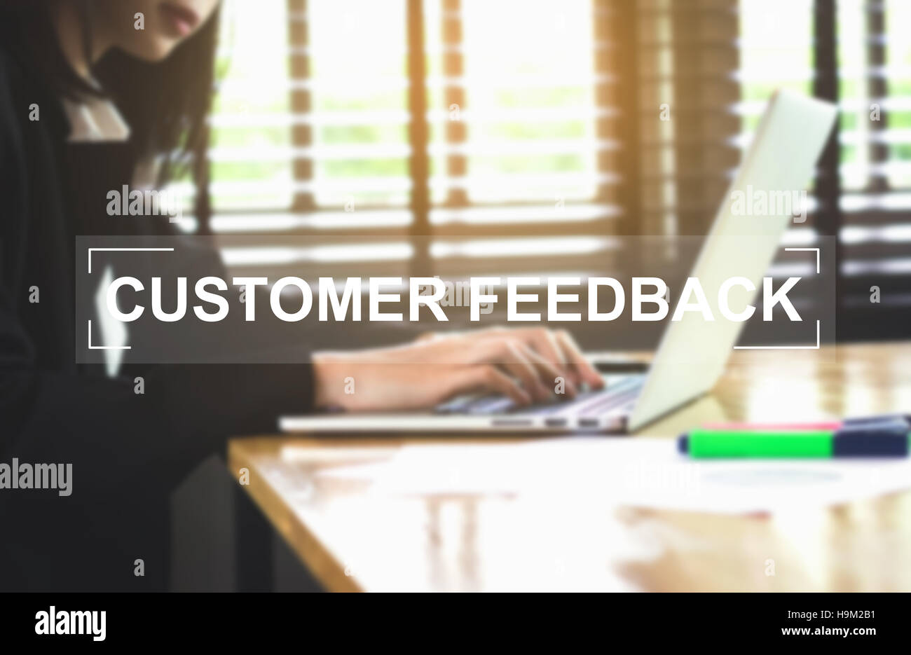 Concept Customer Feedback message on background women working. Vintage ...