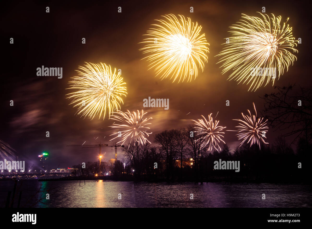 Beautiful fireworks during New Year’s Eve celebration in Riga, Latvia ...