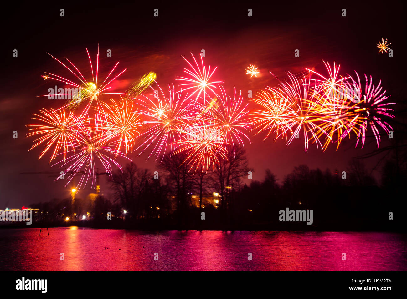 Beautiful fireworks during New Year’s Eve celebration in Riga, Latvia ...