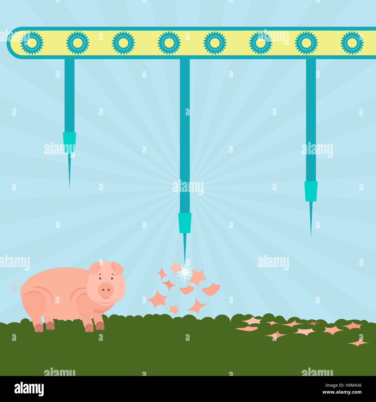 Machine with needles exploding pigs in the filed. Concept. Metaphorical ...