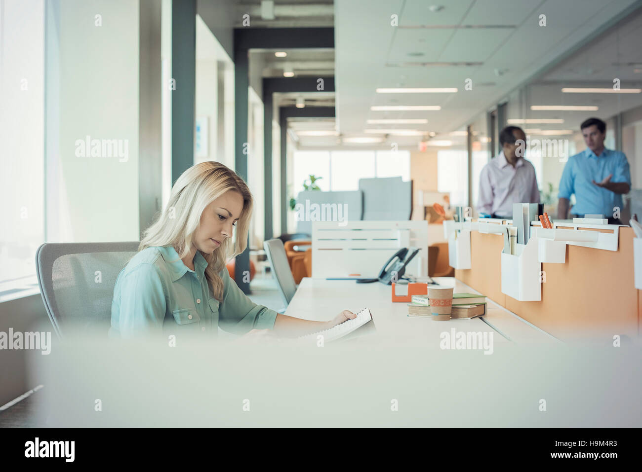 Businesswqoman working alone in office Stock Photo - Alamy