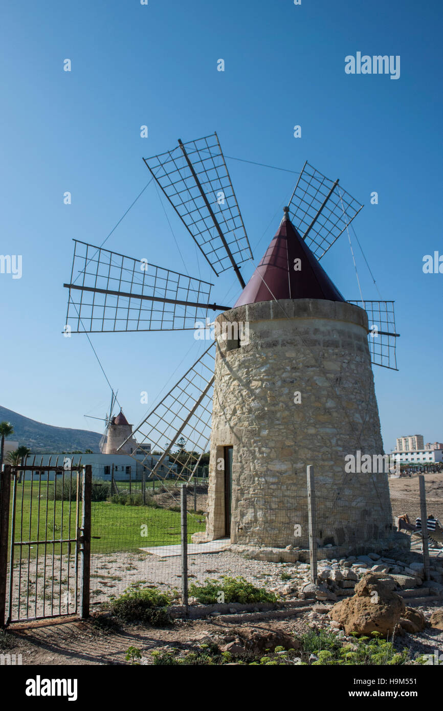 Windmills on Erice beach, Erice, Sicily Stock Photo - Alamy