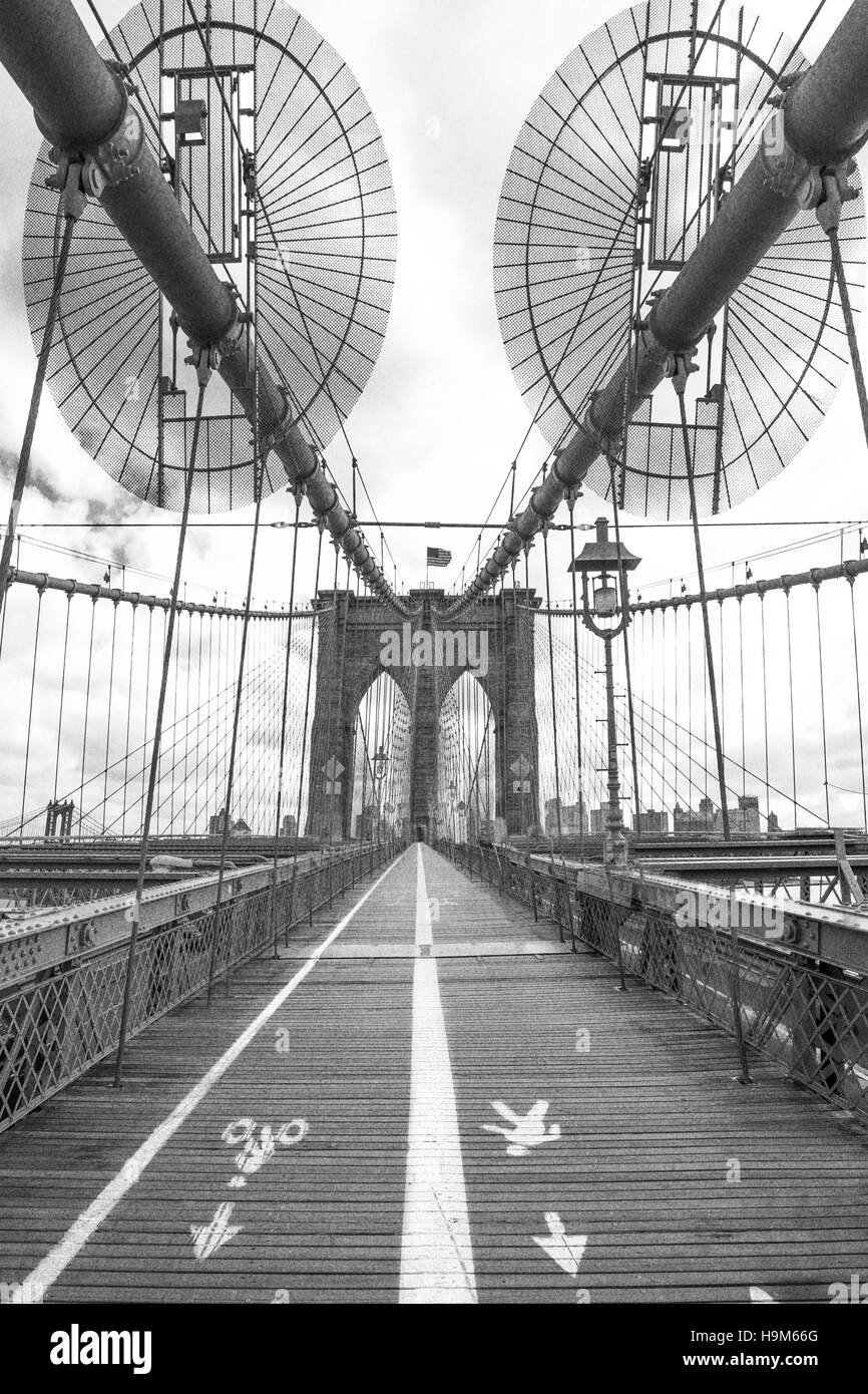 USA, New York City, Brooklyn Bridge with markings for pedestrians and ...