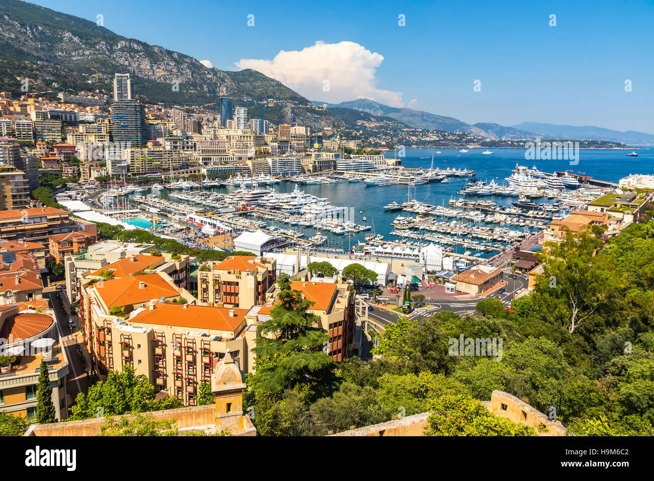 Monte Carlo city skyline panorama. Aerial view of luxury yachts and ...