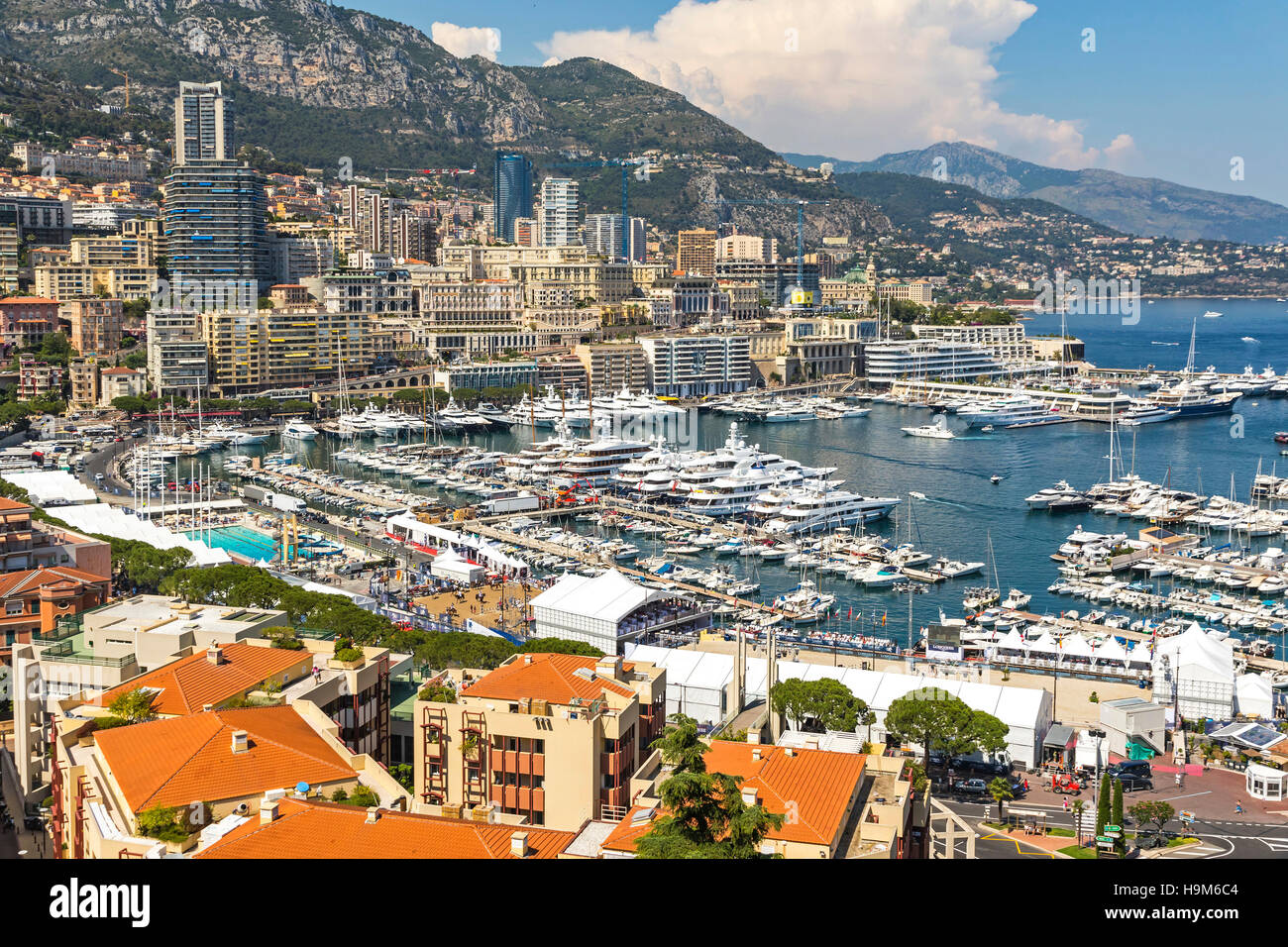 Monte Carlo city skyline panorama. View of luxury yachts and apartments ...