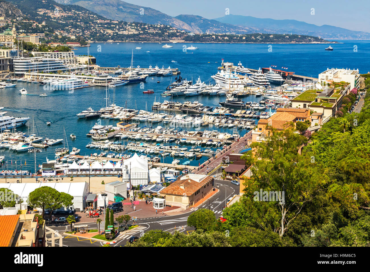 Monte Carlo city skyline panorama. View of luxury yachts in harbor of ...