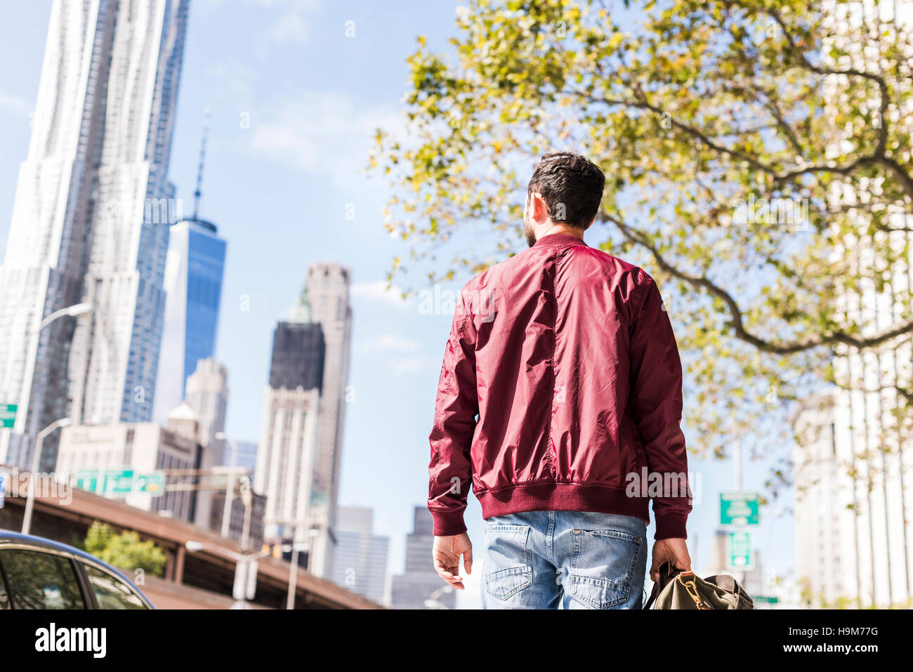 USA, New York City, back view of man looking on Manhattan Stock Photo ...