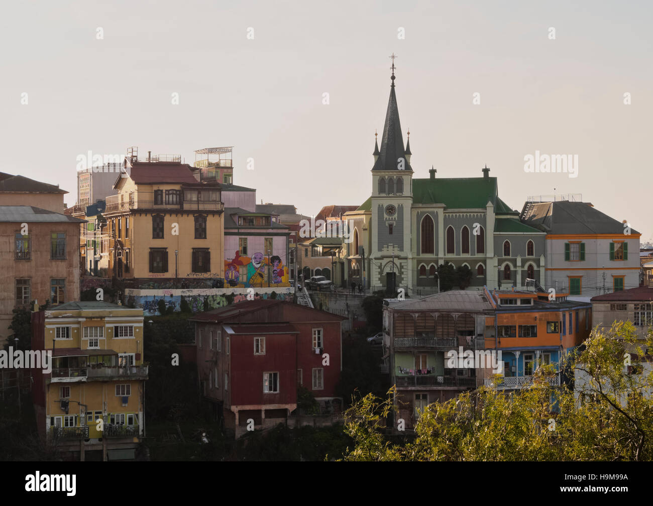 Chile, Valparaiso, Elevated view of the historic quarter Cerro ...