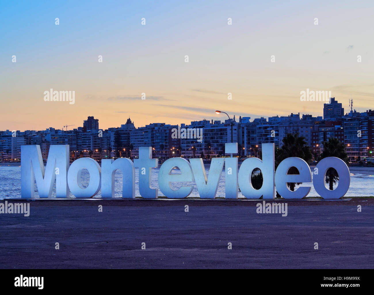 Uruguay, Montevideo, Pocitos, Twilight view of the Montevideo Sign ...