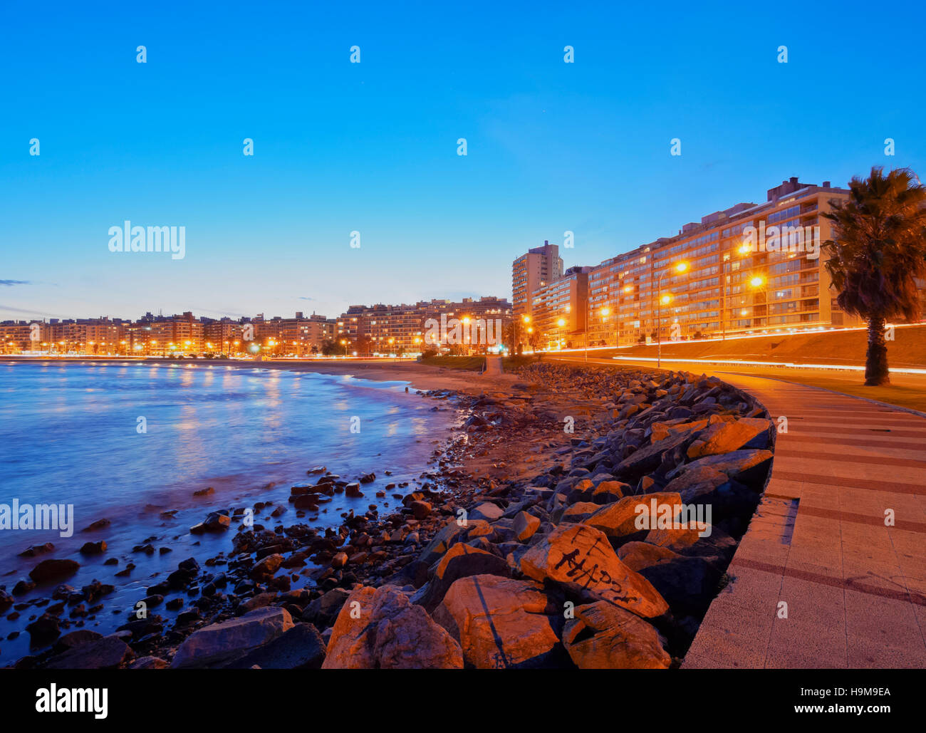 Uruguay, Montevideo, Twilight view of the Pocitos Coast on the River ...