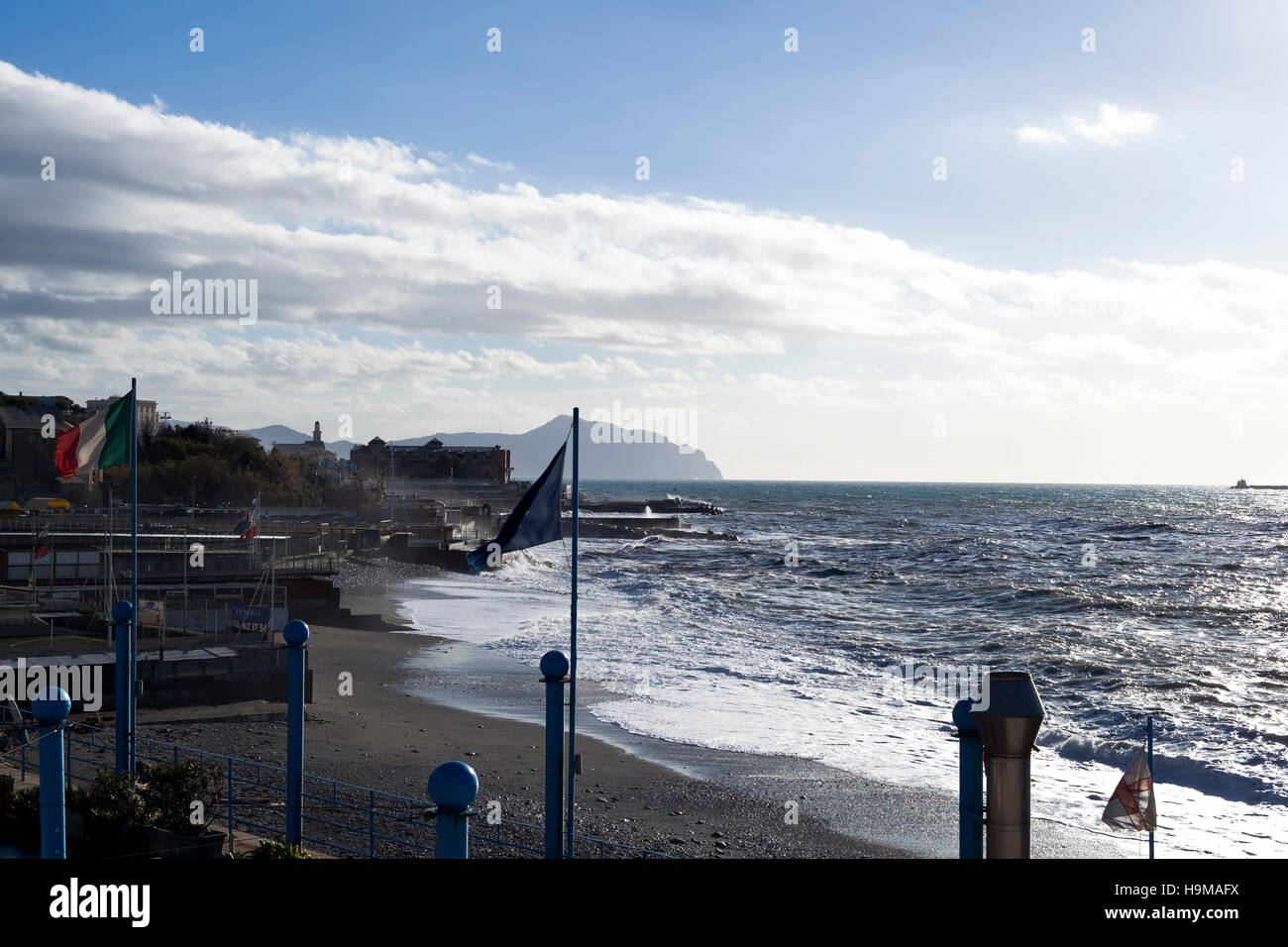 Genova Italy Corso Italia beach sea flags waves clouds blue sky ...