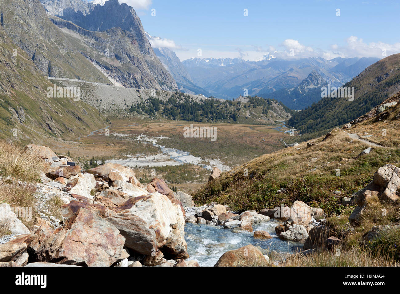 Val Veny Valle d'Aosta Italy river green mountains glacier rocks summer ...