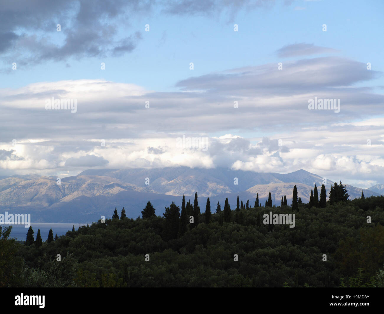 View of Greek countryside and Albanian mountains from Xanthates village ...