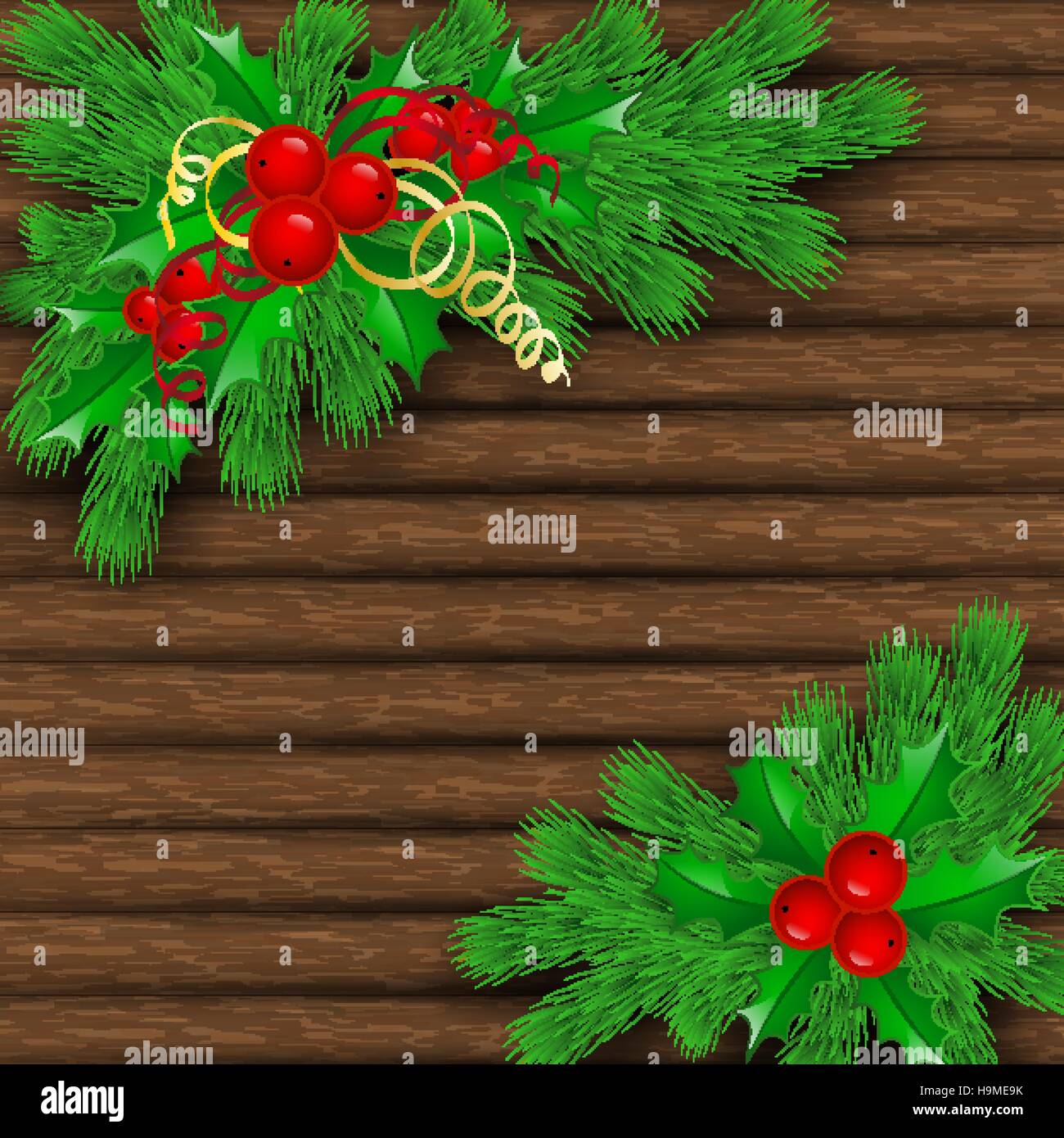 Christmas tree, holly and decorative elements on background of boards ...