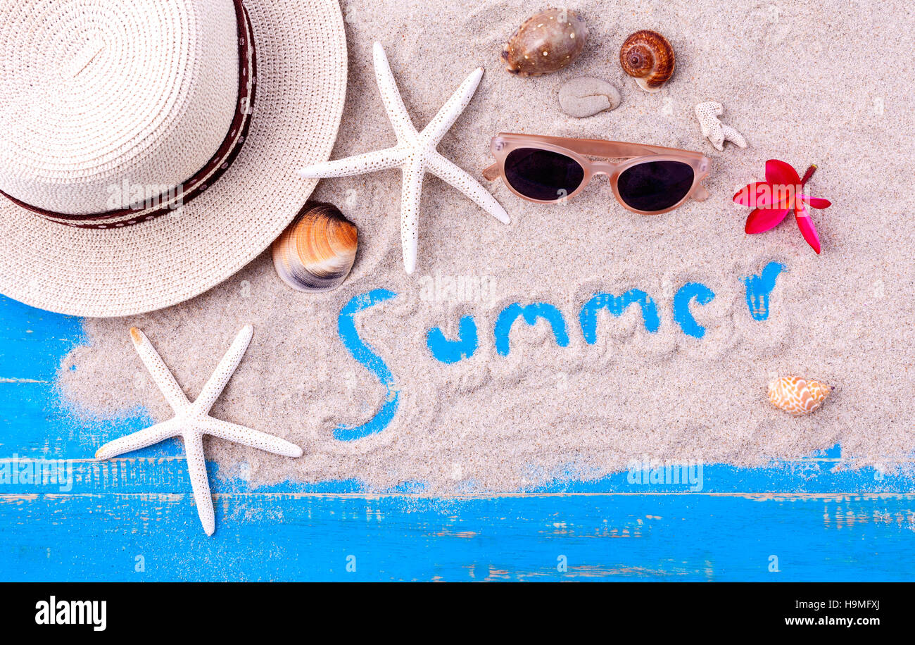 Summer setting up on wooden panel for summer blackground Stock Photo ...