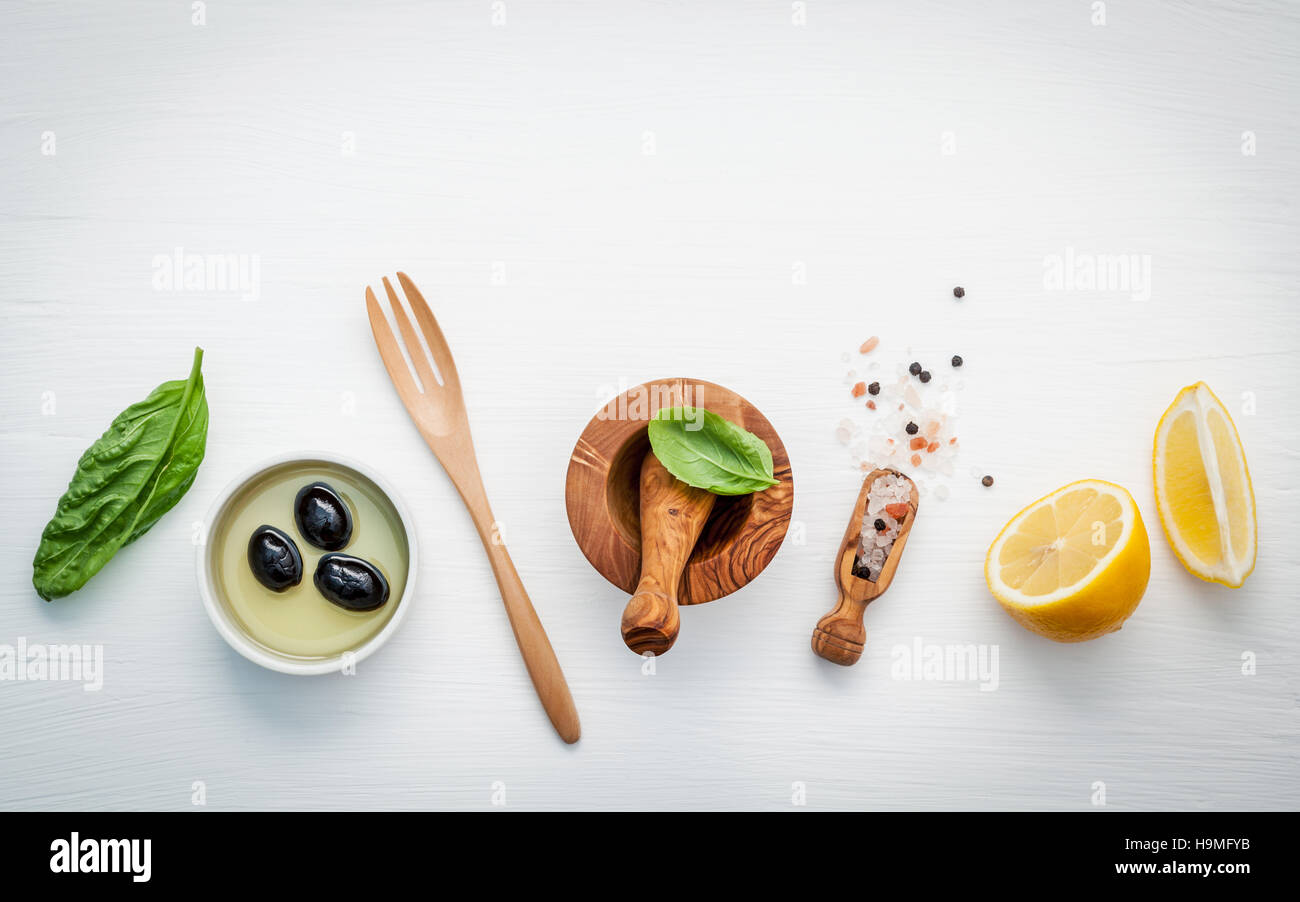 Sweet basil vinaigrette dressing ingredients on white wooden bac Stock ...