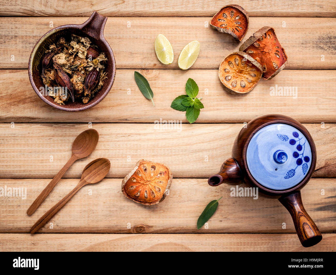 Herbal tea pot with fresh herbs sage ,peppermint ,dried indian b Stock ...