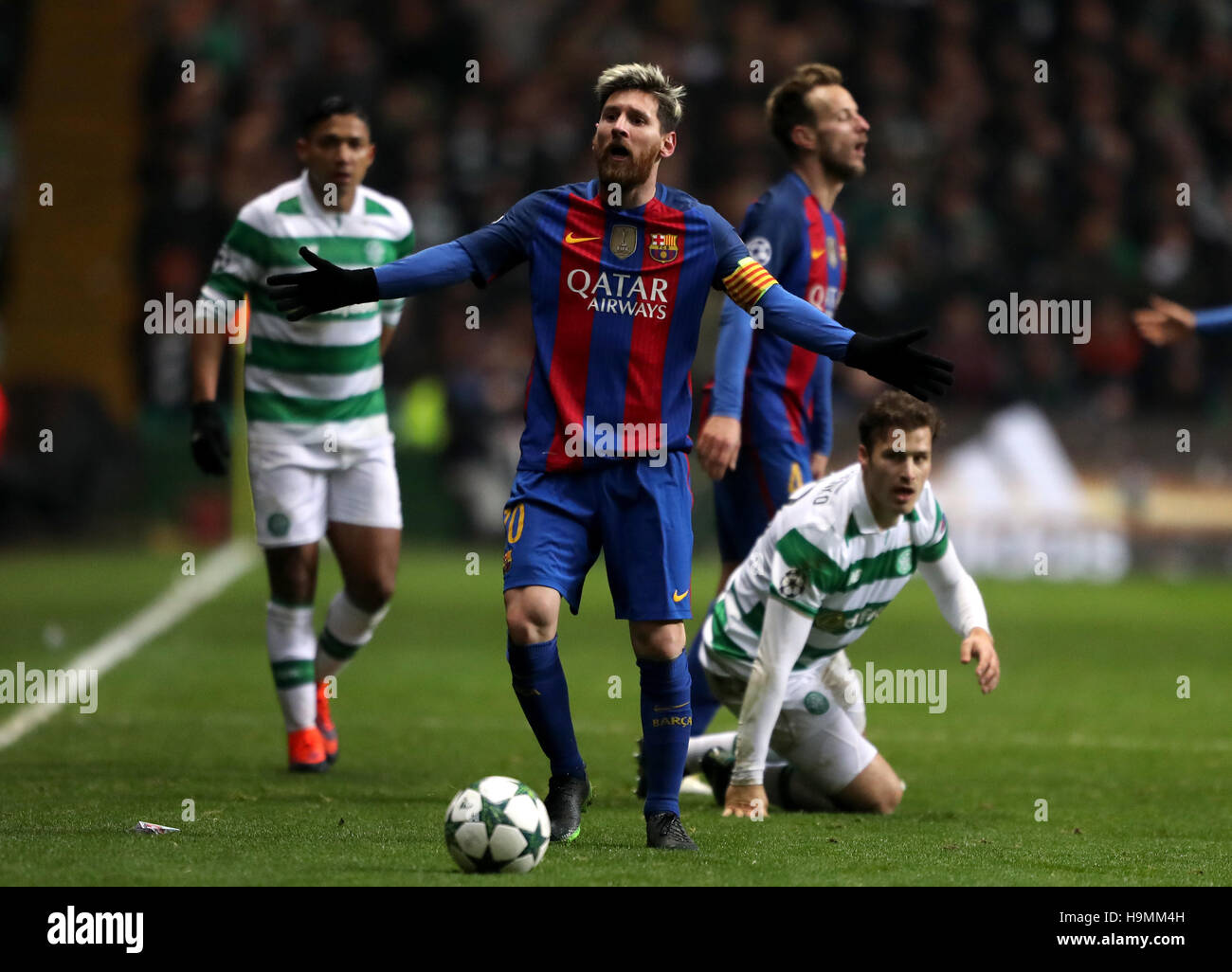 Barcelona's Lionel Messi reacts during the UEFA Champions League match ...