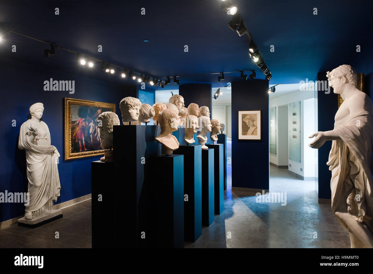 Collections of staues and bust on blue plinths in Mougins Museum of ...