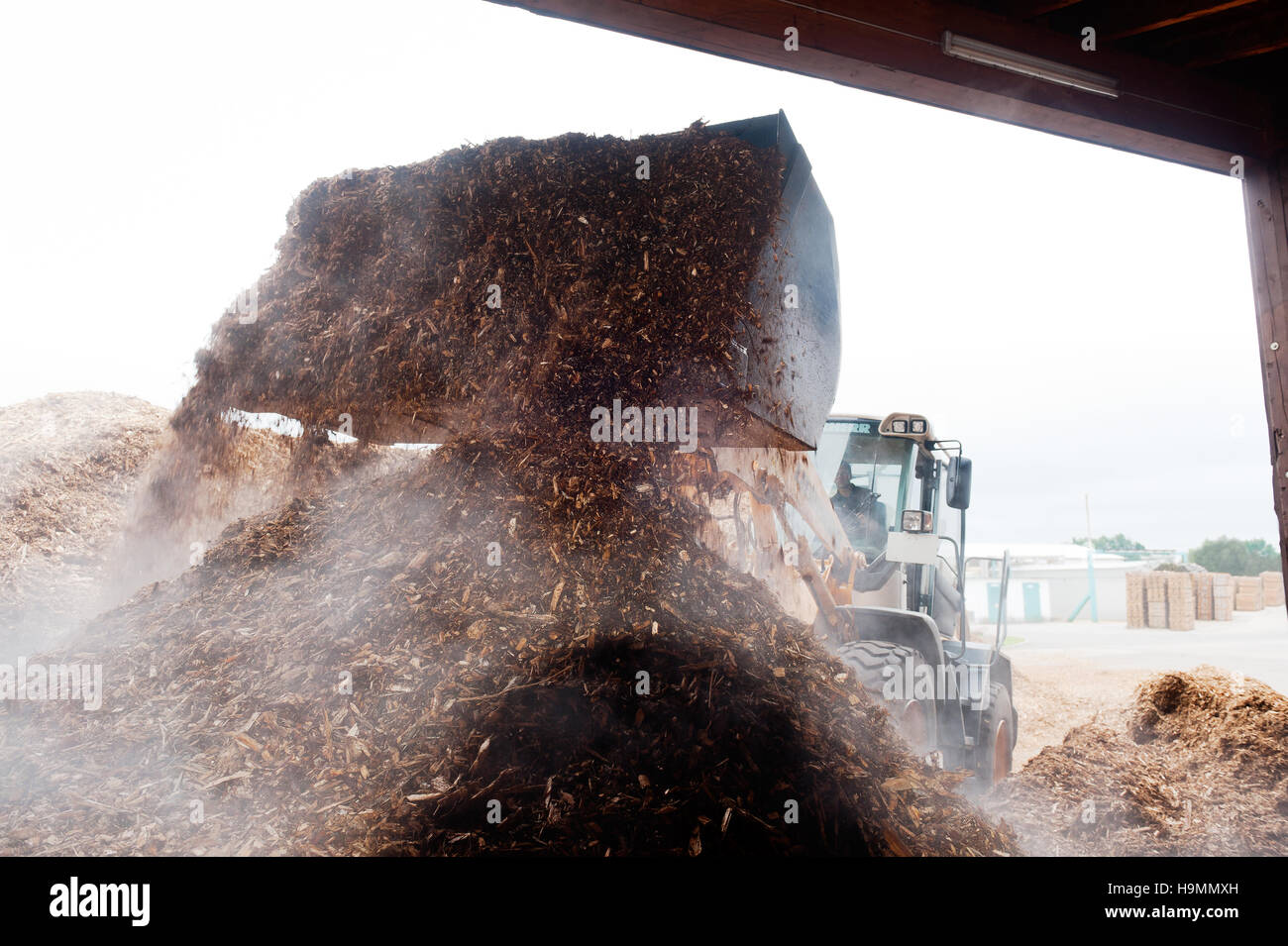 Moving woodchip by tractor, timber processing plant, Templin, Uckermark ...
