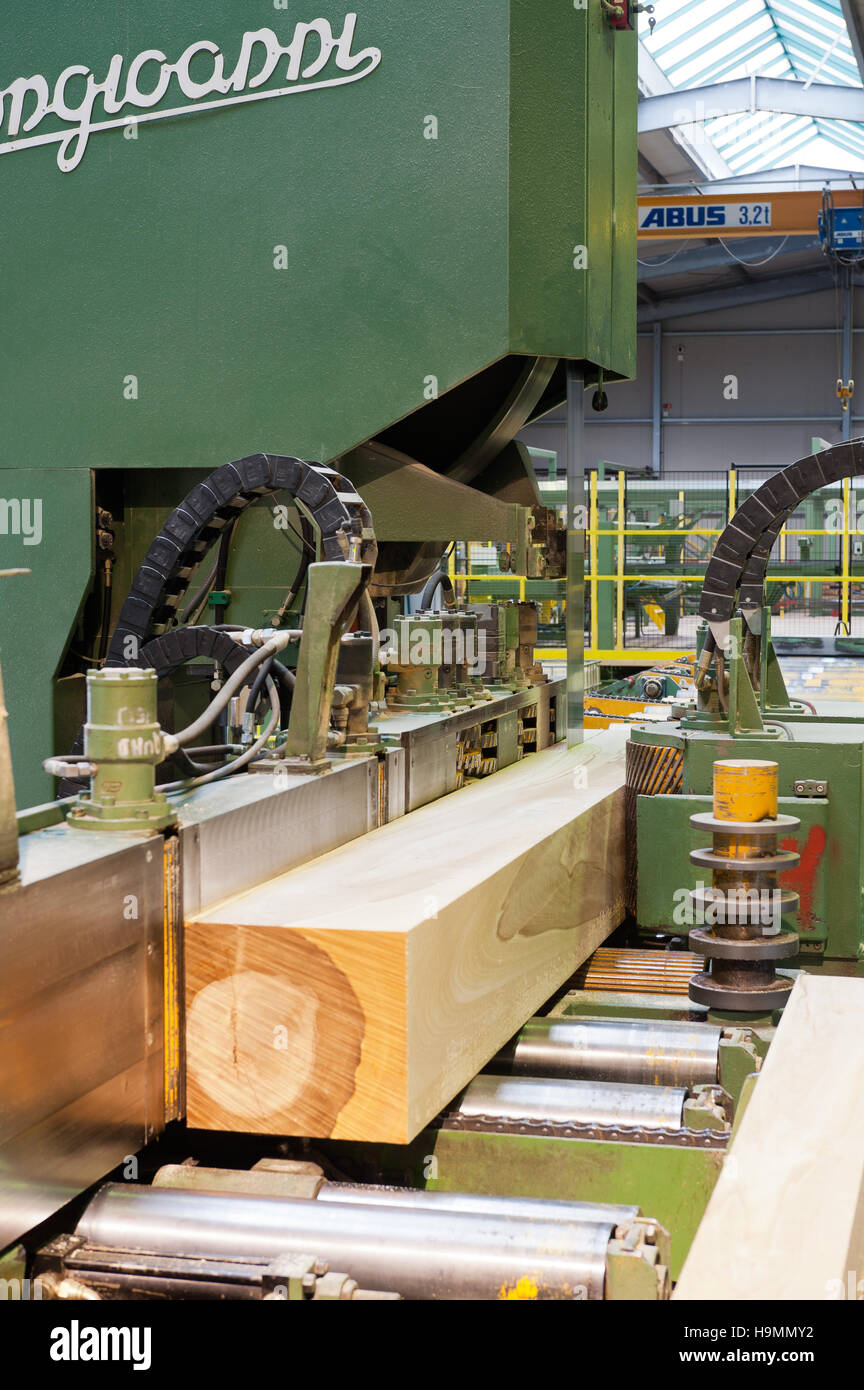 Cutting machine in timber processing plant, Templin, Uckermark district ...